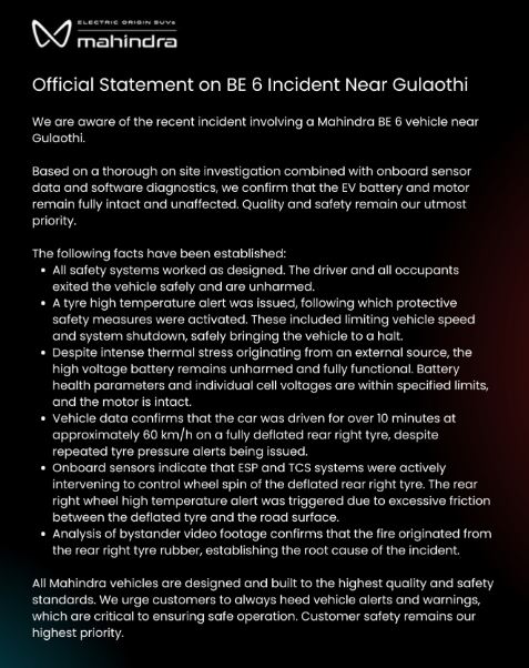 Mahindra issues statement on BE 6 fire incident - Meroauto